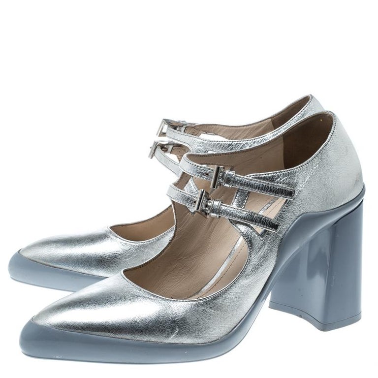 Prada Metallic Silver Leather Dual Strap Block Heel Mary Jane Pumps ...