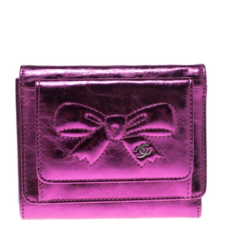 Chanel Metallic Pink Foil Leather Bow Compact Wallet at 1stDibs