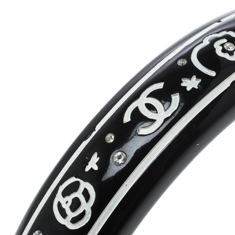 Chanel CC Black Crystal Embellished Wood Bangle Bracelet For Sale at ...