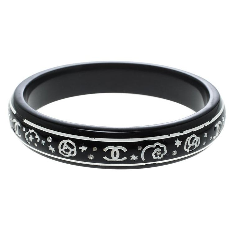 Chanel CC Black Crystal Embellished Wood Bangle Bracelet For Sale at ...