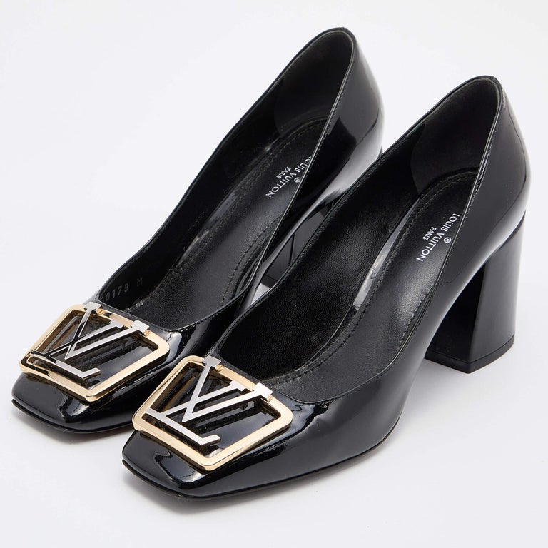 Louis Vuitton Black Patent Leather Madeleine Block Heel Pumps Size 37.5 ...