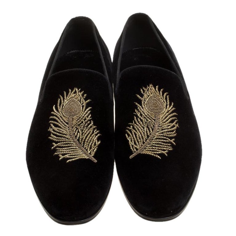 Alexander McQueen Black Velvet Feather Embroidered Smoking Slippers ...
