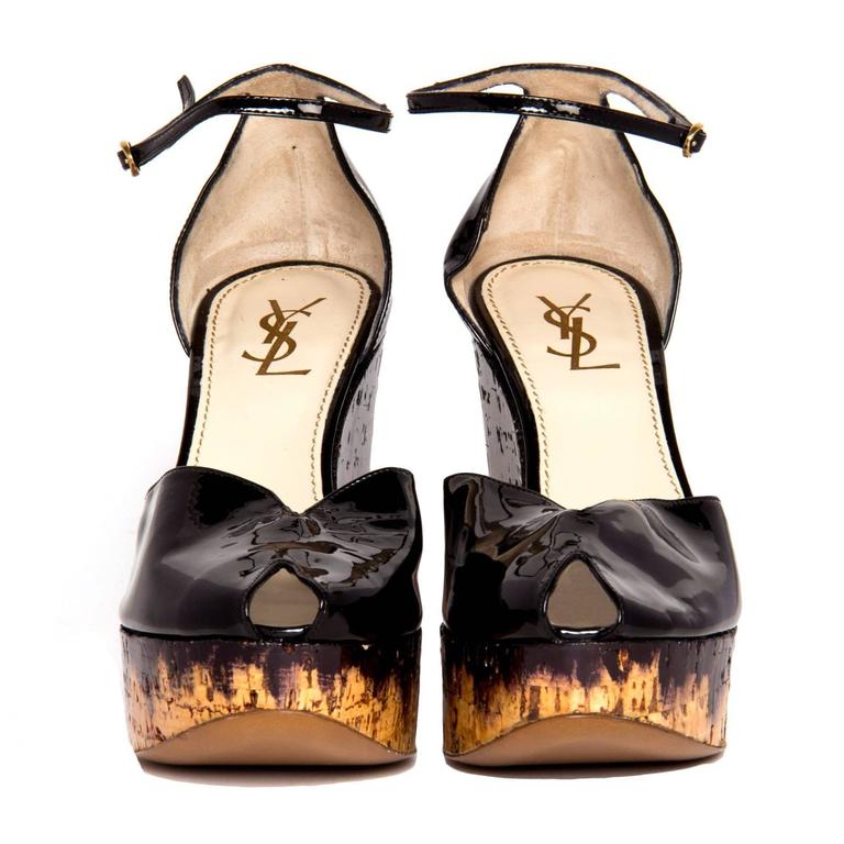 Yves Saint Laurent Black Patent Leather and Cork Wedges For Sale at ...
