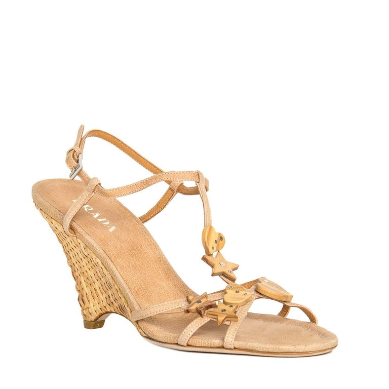Prada Tan Leather and Rattan Wedge For Sale at 1stDibs