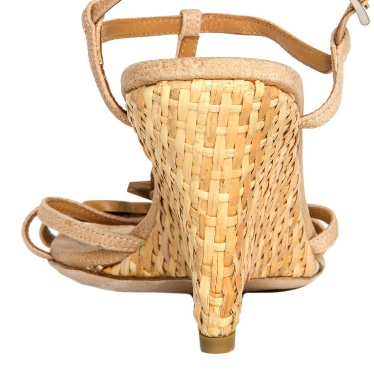 Prada Tan Leather and Rattan Wedge For Sale at 1stDibs