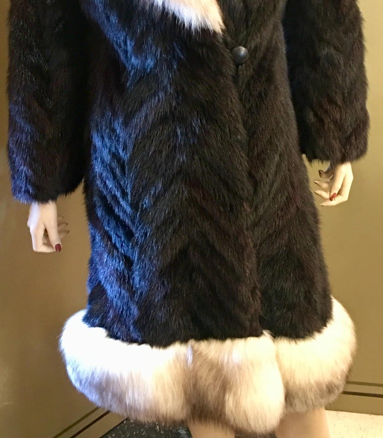 Oleg Cassini Black Herringbone Mink Coat with Silver Fox Fur Collar and ...