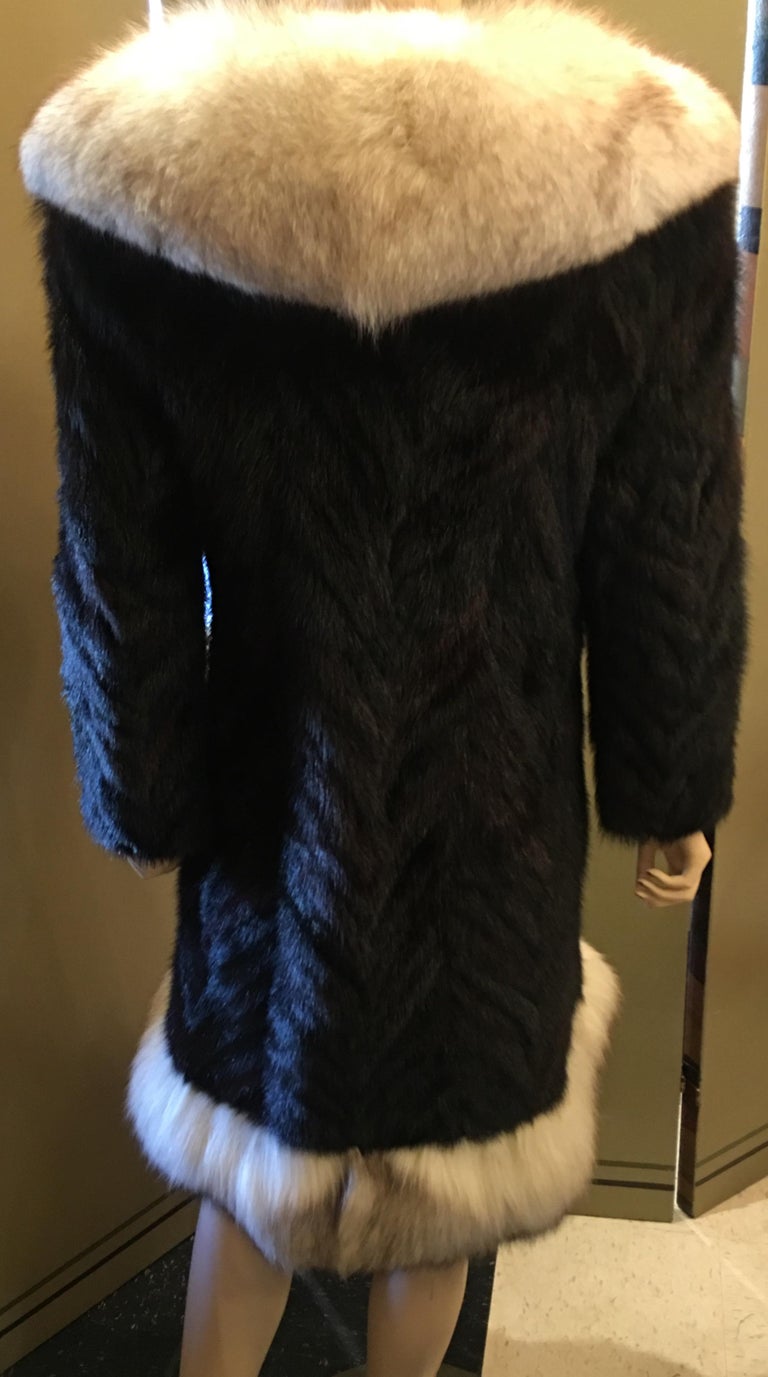 Oleg Cassini Black Herringbone Mink Coat with Silver Fox Fur Collar and ...