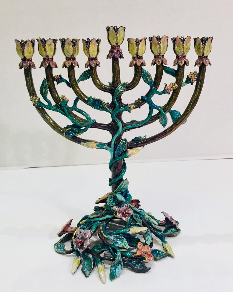 Jay Strongwater Magnolia Hanukkah Menorah Polychrome Enamel Swarovski ...