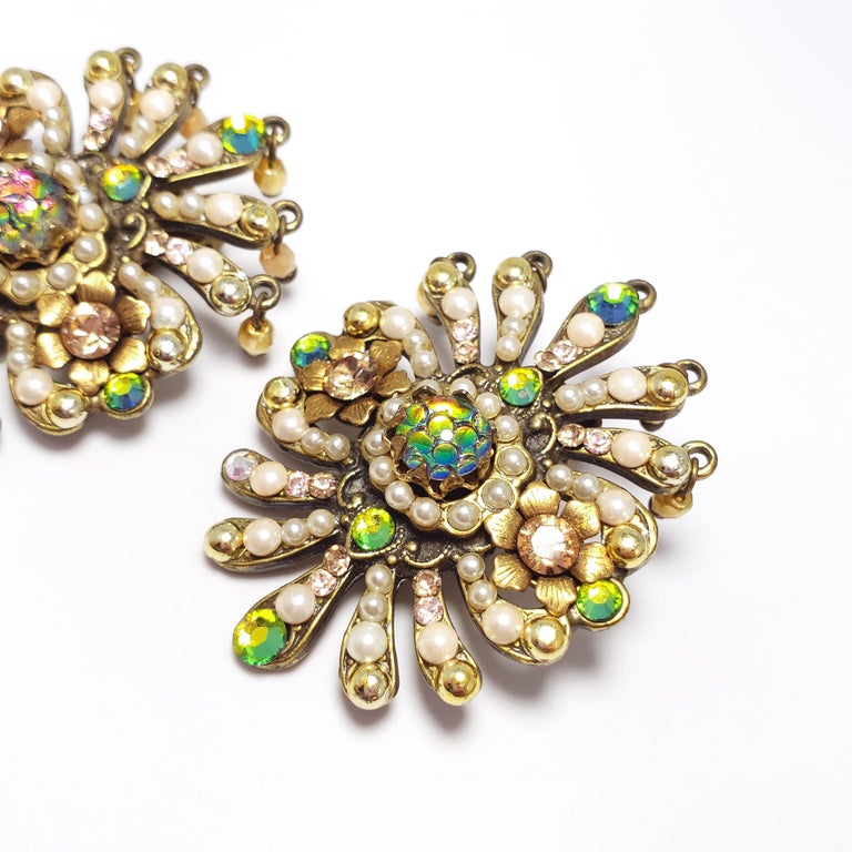 Vintage Michal Negrin Signed Faux Pearl and Watermelon Crystal Clip On ...