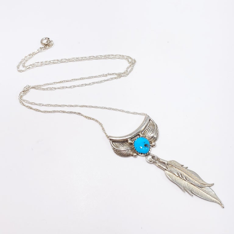 Navajo Feather Pendant Turquoise Sterling Silver Necklace Native ...