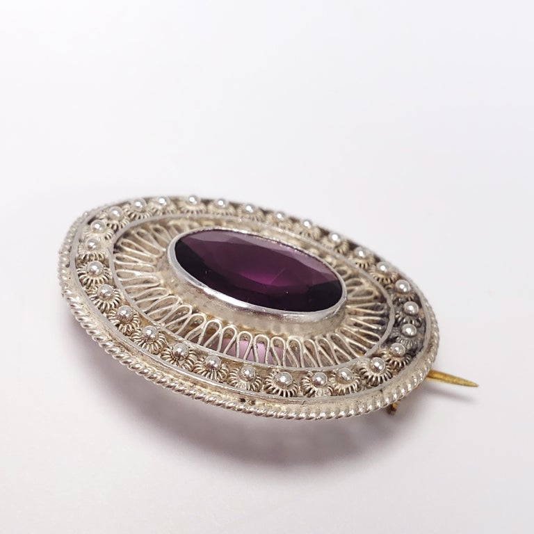 Victorian Amethyst Brooch Pin Sterling Silver Filigree Setting For Sale ...