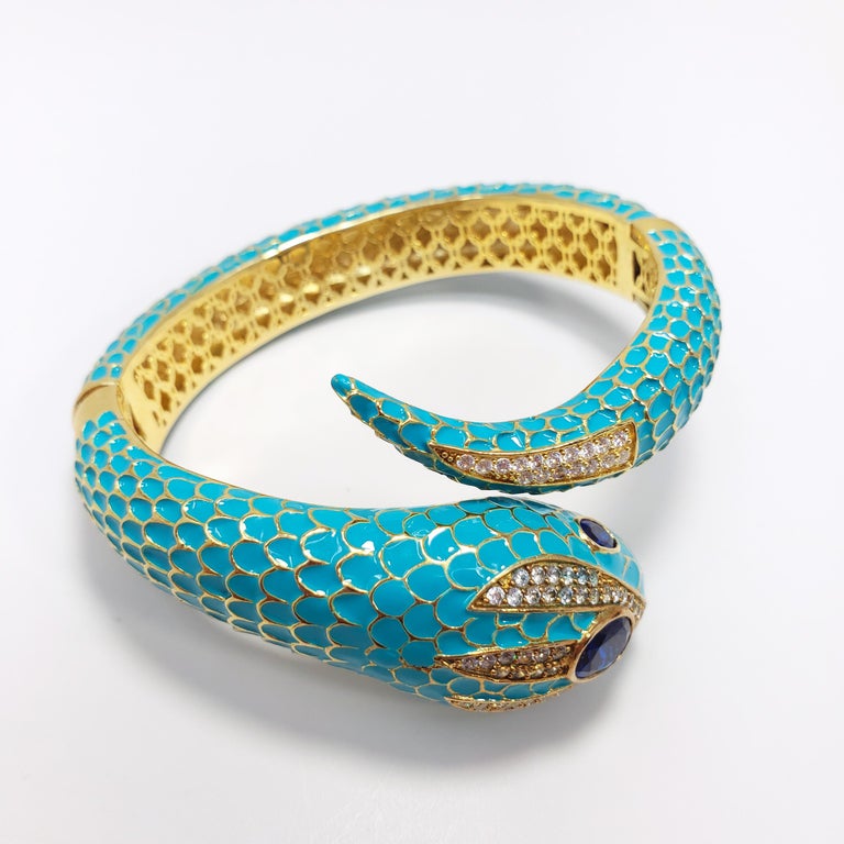 CZ by Kenneth Jay Lane KJL Cubic Zirconia Turquoise Coiled Snake Bangle Bracelet at 1stDibs