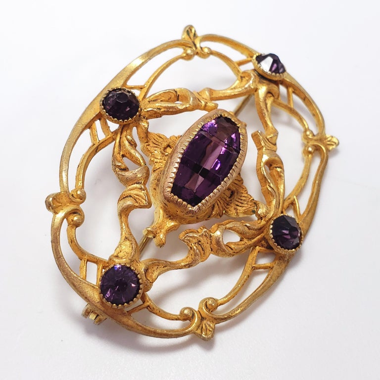 Victorian Vermeil Amethyst Filigree Brooch, Early 1900s For Sale at 1stDibs