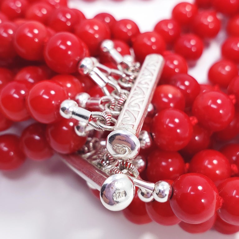 10 Strand Genuine Red Coral 7mm Bead Necklace with Sterling Silver ...