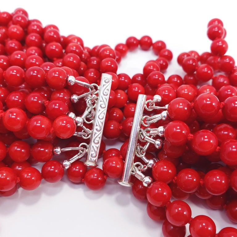 10 Strand Genuine Red Coral 7mm Bead Necklace with Sterling Silver ...