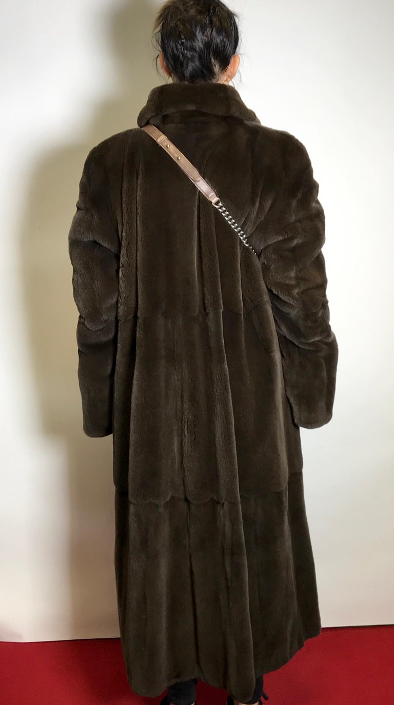 Sheared velvet mink fur long coat modern cut. Dark brown. at 1stDibs