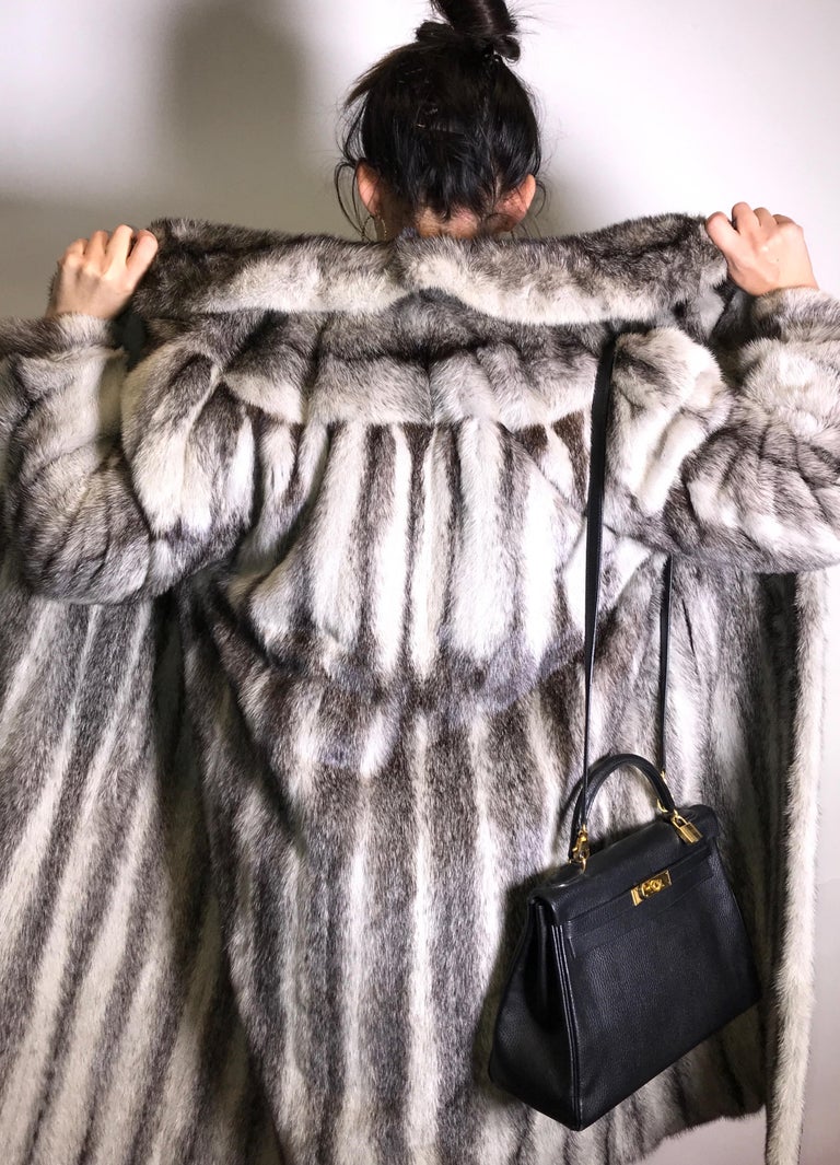 Long colored cross saga mink fur coat. Light gray / black (14) For Sale ...