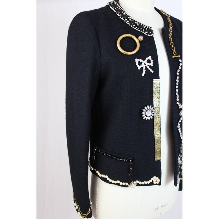 Moschino Blue Vintage Wool Jewerly Chain and Pearls Jacket, 1990s at ...