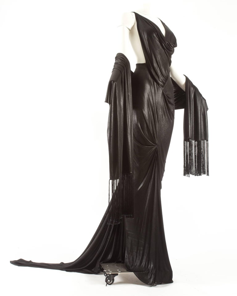 John Galliano backless black evening gown with fringed shawl at 1stDibs ...