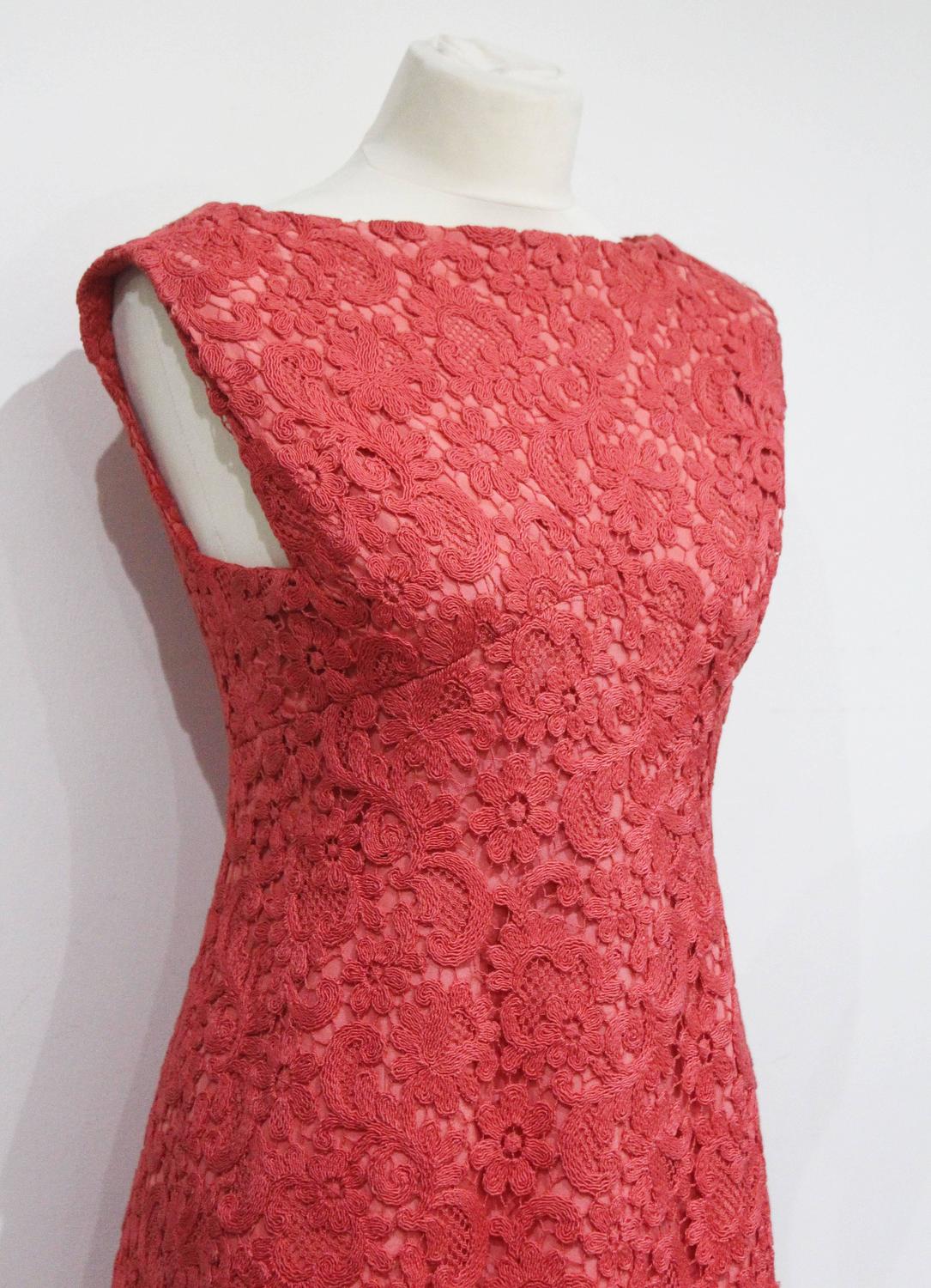 Rose Bertin haute couture macrame lace coral a-line dress, c. 1960s For ...