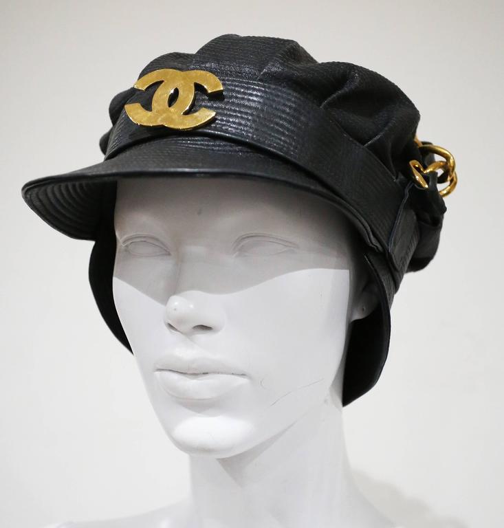 Chanel black leather biker cap with extra large chain, c. 1992 at ...