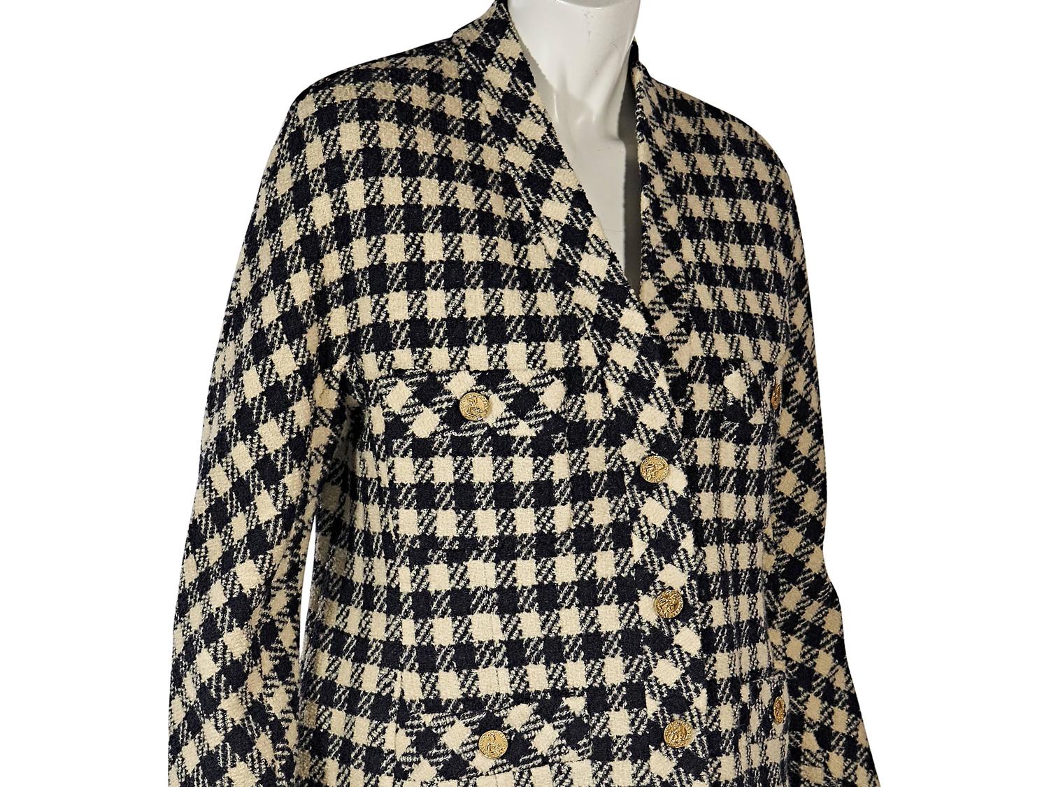 Cream and Blue Vintage Chanel Checkered Jacket For Sale at 1stdibs