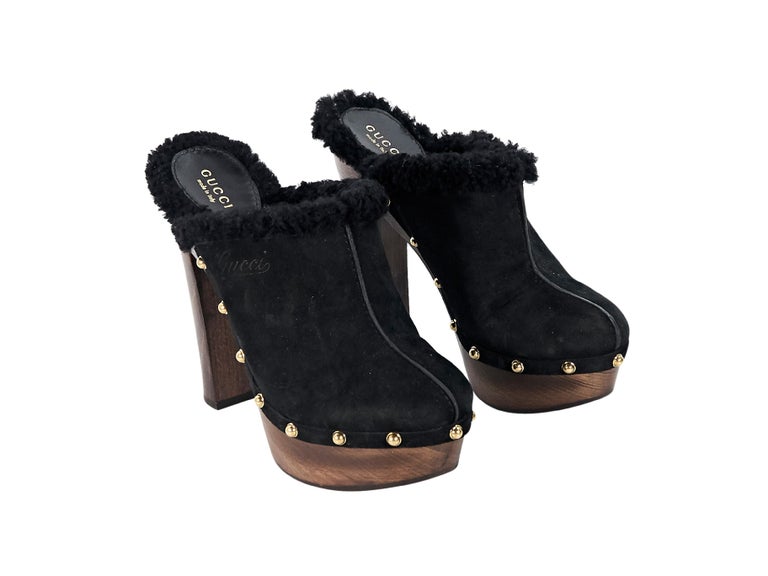 Gucci Black Suede Shearling Platform Clogs For Sale at 1stDibs