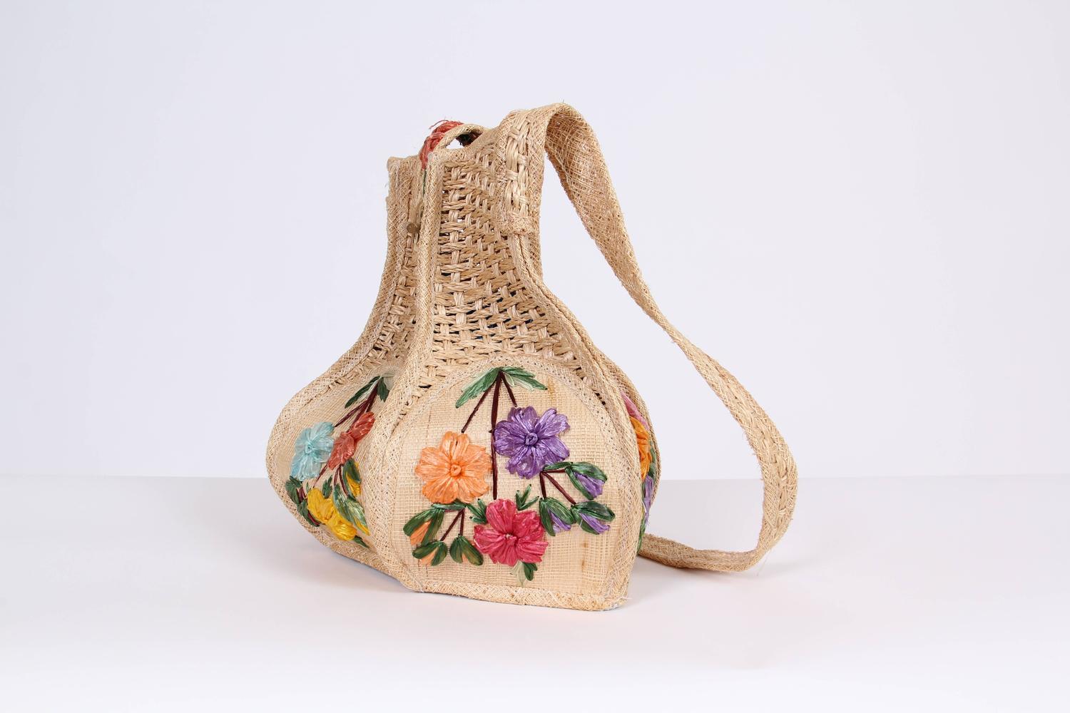 Uniquely Shaped Raffia Embroidered Bag For Sale at 1stdibs