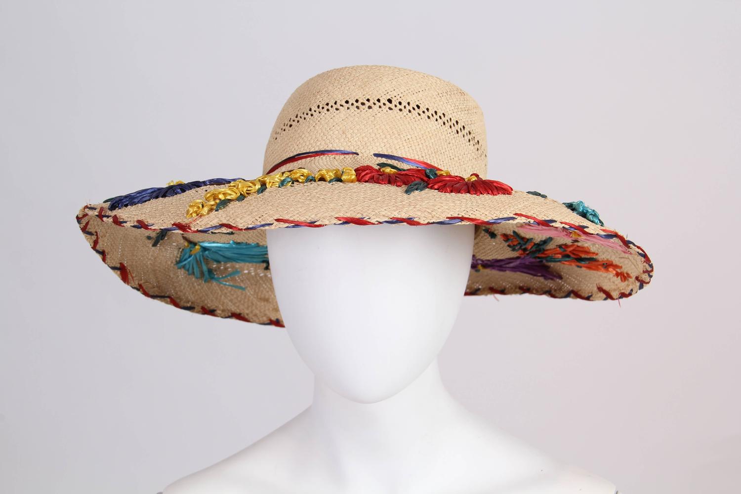 1960s Hand Embroidered Straw Hat For Sale at 1stdibs