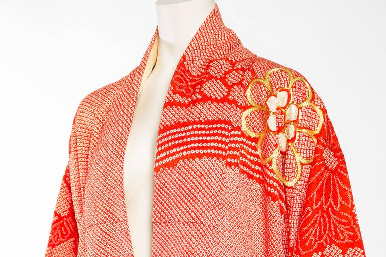 Soft Silk Hand Dyed Shibori Japanese Kimono with Gold Embroidery at 1stDibs