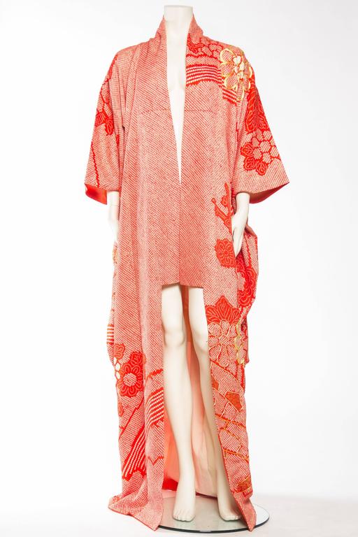 Soft Silk Hand Dyed Shibori Japanese Kimono with Gold Embroidery at 1stDibs