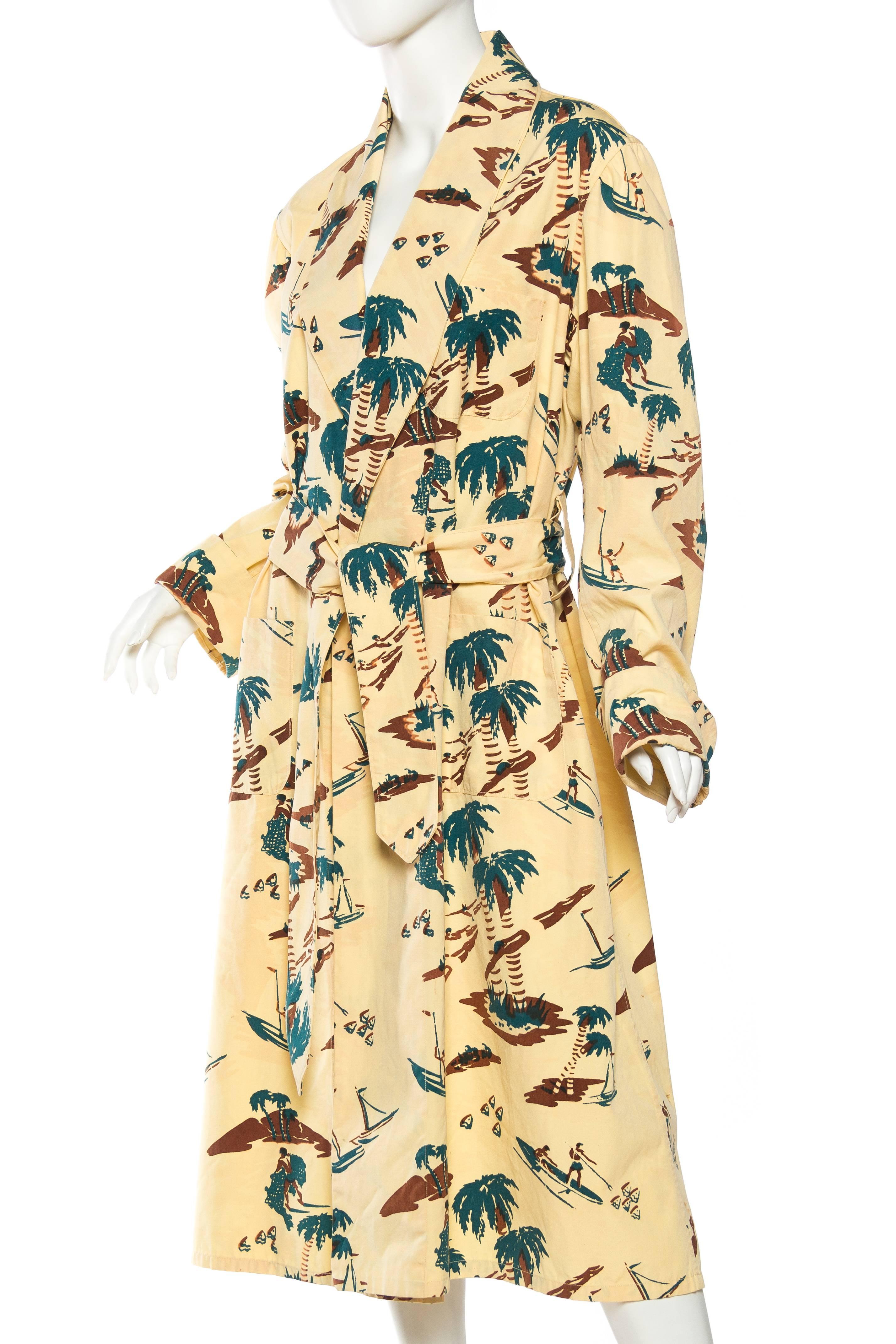 1940S Pale Yellow Cotton Rare Hawaiian Tropical Print Surfer Robe at ...