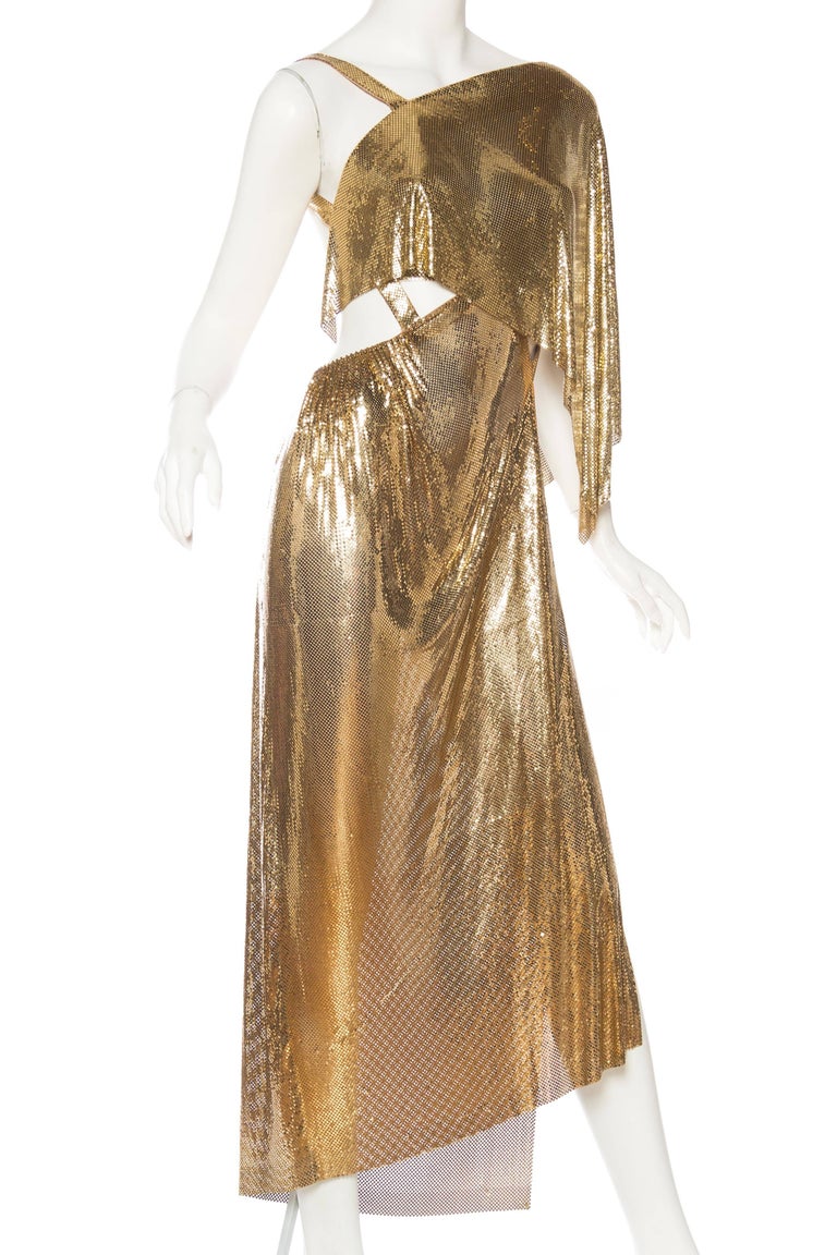 MORPHEW COLLECTION Style Gold Metal Mesh Backless One Sleeve Gown With ...