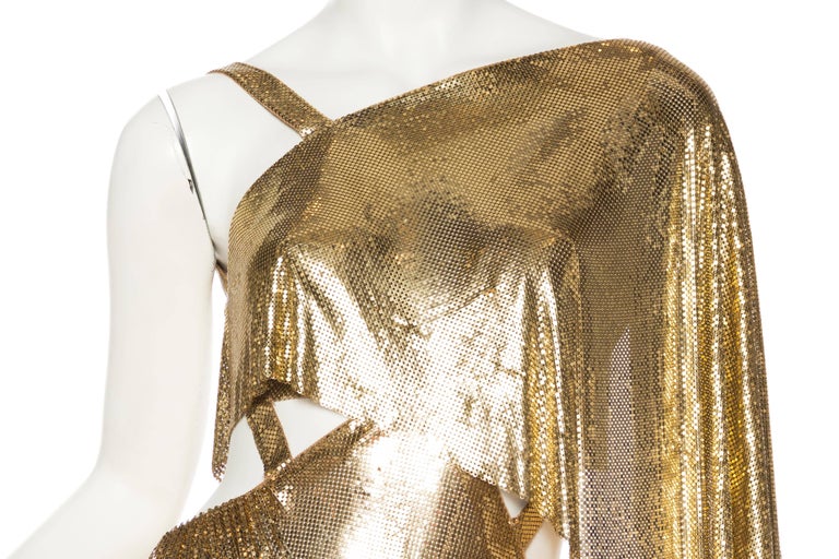 MORPHEW COLLECTION Style Gold Metal Mesh Backless One Sleeve Gown With ...