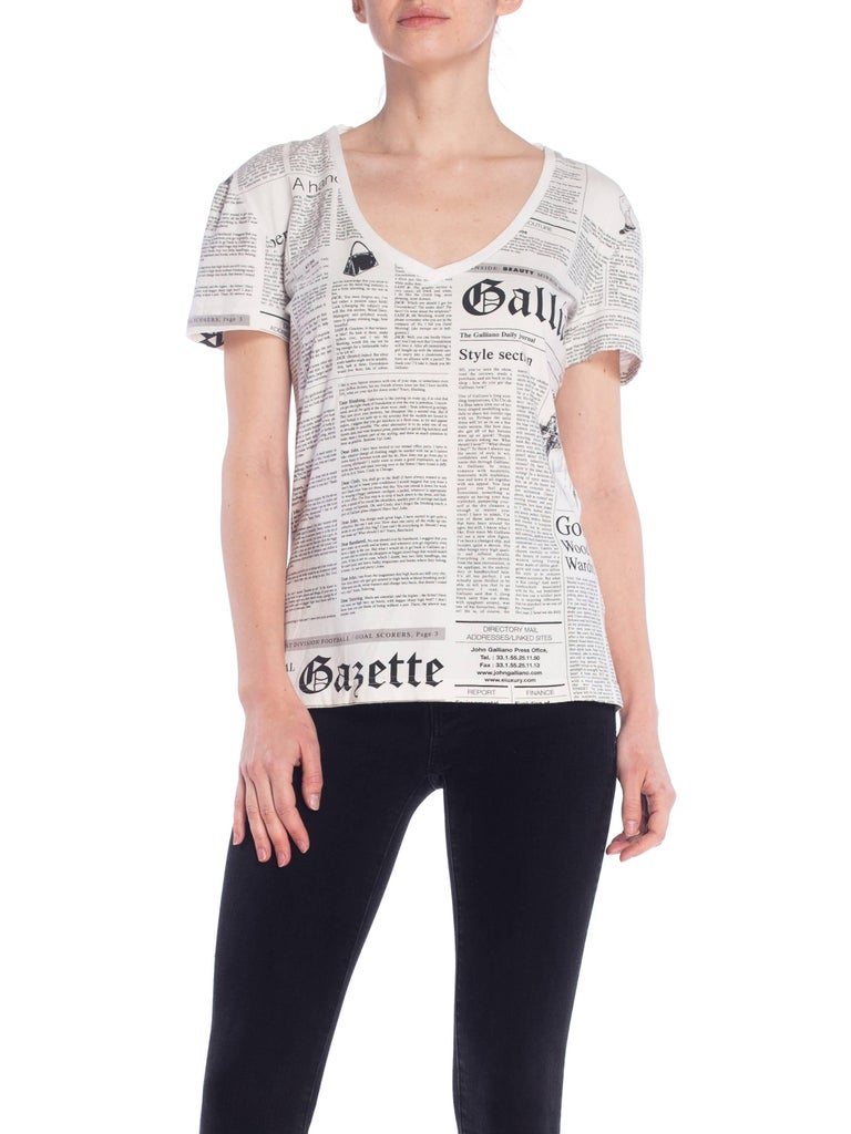 2000S JOHN GALLIANO White and Black Cotton Knit Newspaper Print V Neck ...
