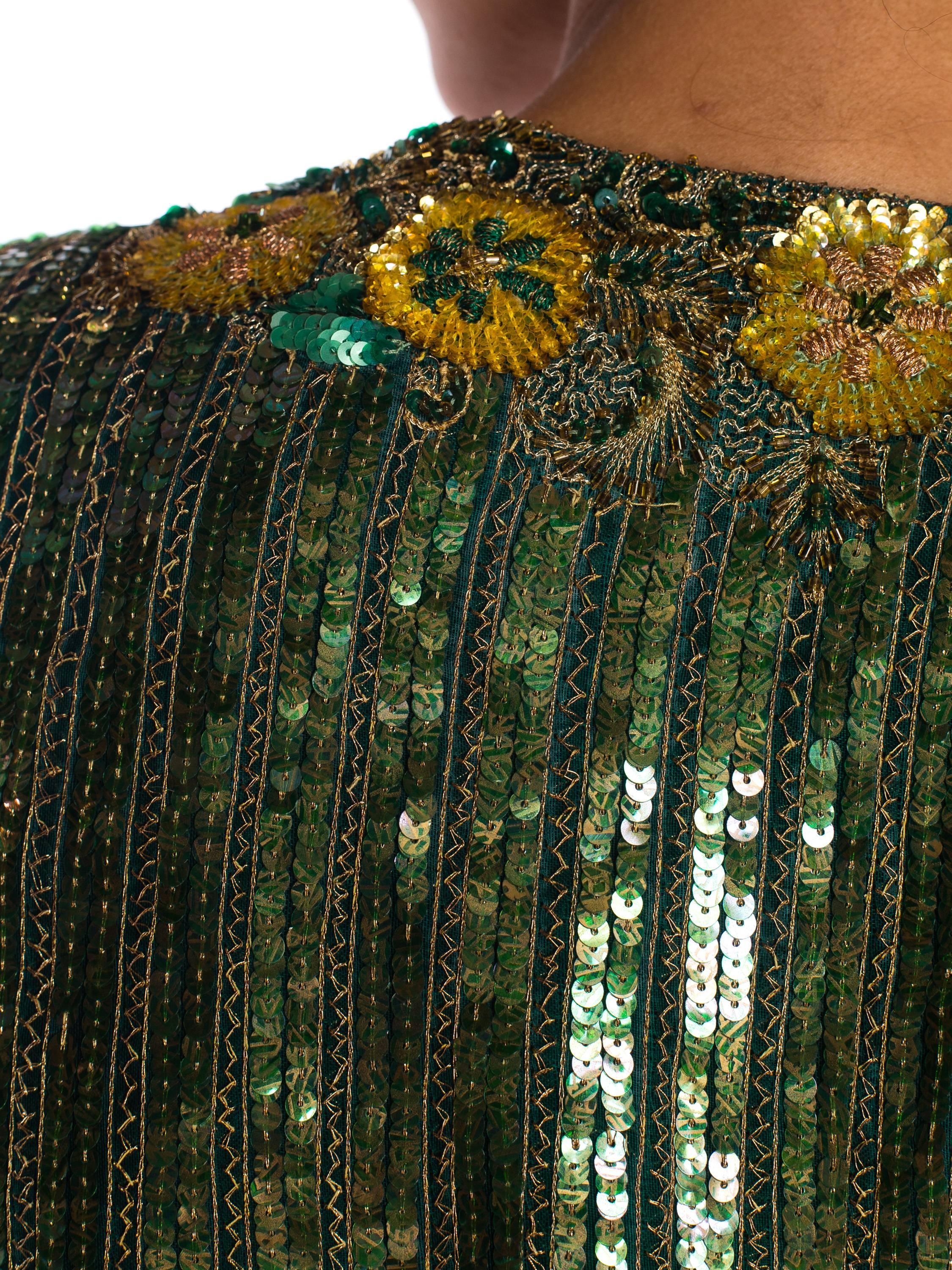 1980S RICHILENE Emerald Green Silk Jacket Beaded With Gold Flowers and ...