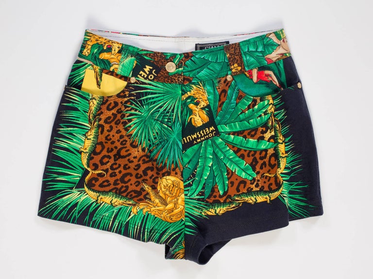 1990S GIANNI VERSACE Cotton Denim Tarzan Leopard Jungle Print Shorts at ...