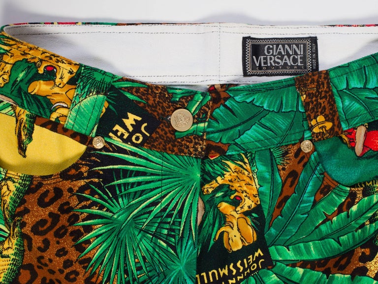 1990S GIANNI VERSACE Cotton Denim Tarzan Leopard Jungle Print Shorts at ...