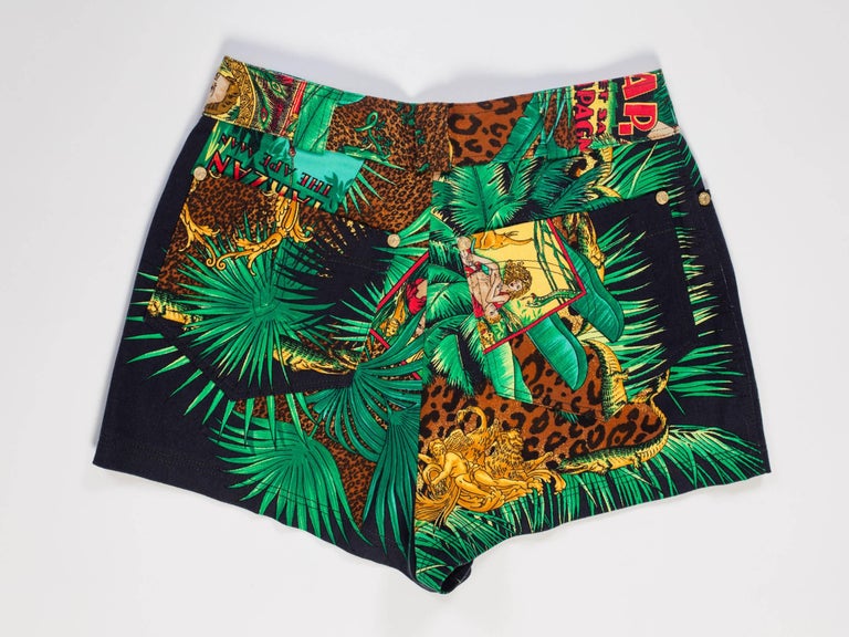 1990S GIANNI VERSACE Cotton Denim Tarzan Leopard Jungle Print Shorts at ...