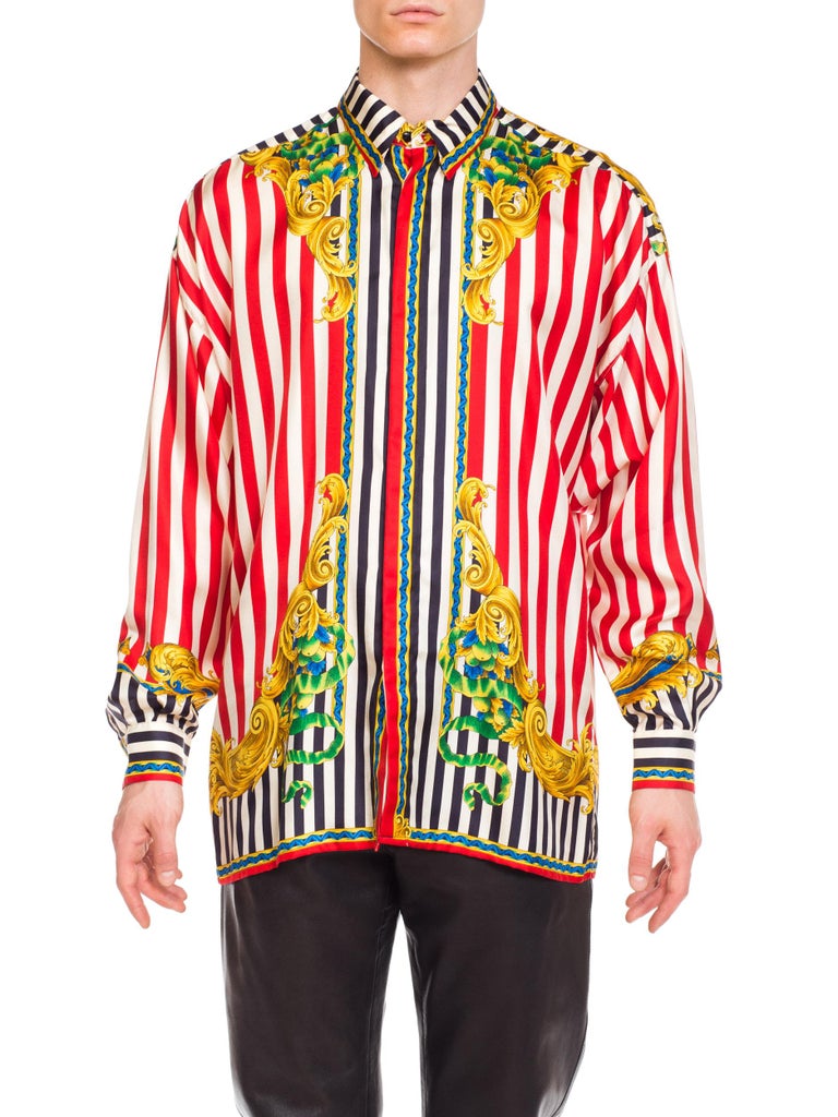 1990S GIANNI VERSACE Red and White Silk Men's Baroque Stripe Shirt at ...