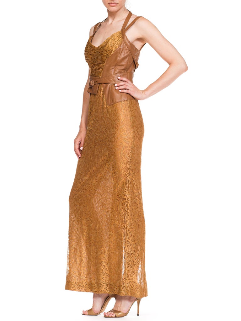 2000S VERSACE Caramel Brown Silk Lace and Leather 2001 Bondage Strap ...