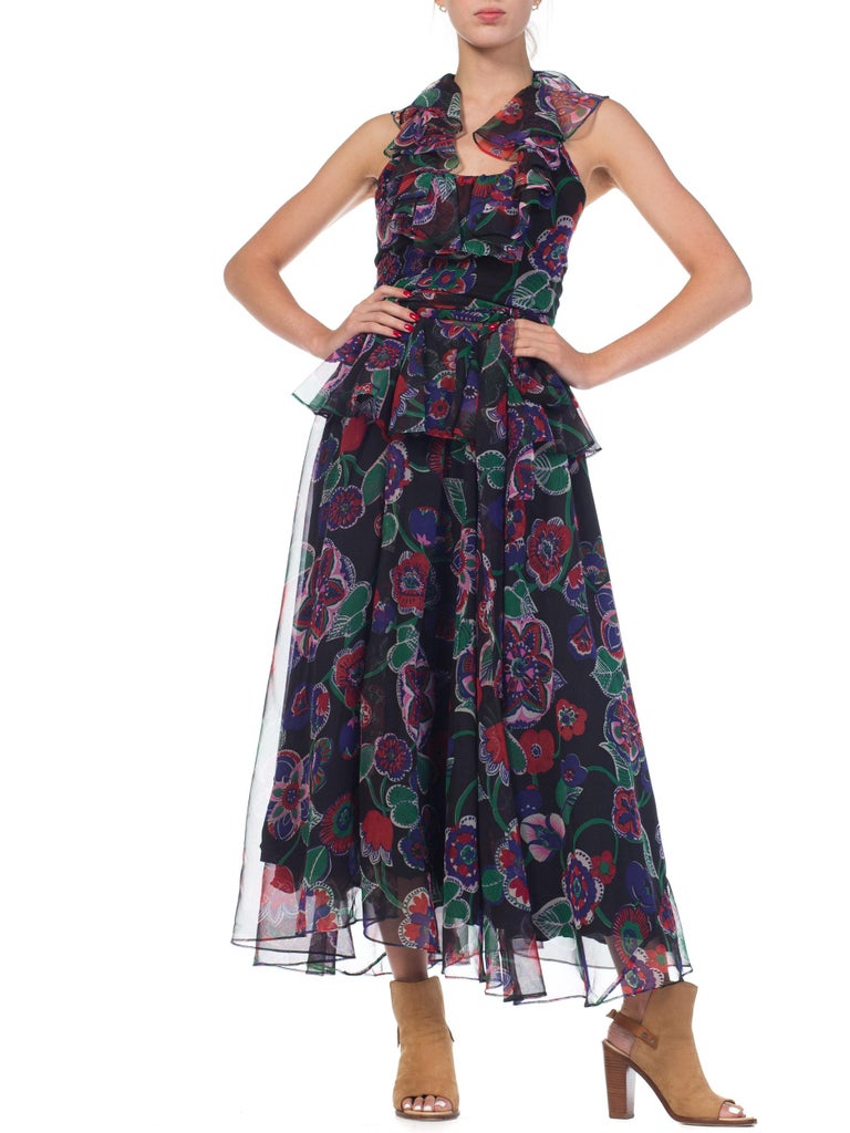 1970S ALBERT CAPRARO Floral Polyester Chiffon Skirt and Top Ensemble ...