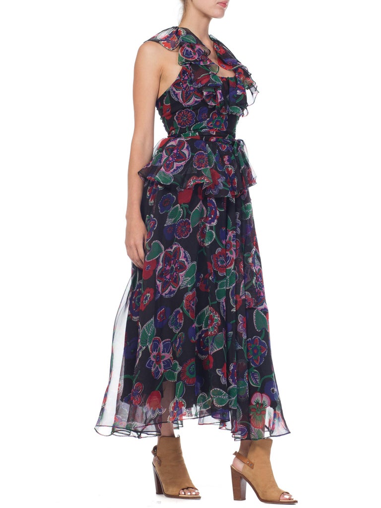 1970S ALBERT CAPRARO Floral Polyester Chiffon Skirt and Top Ensemble ...