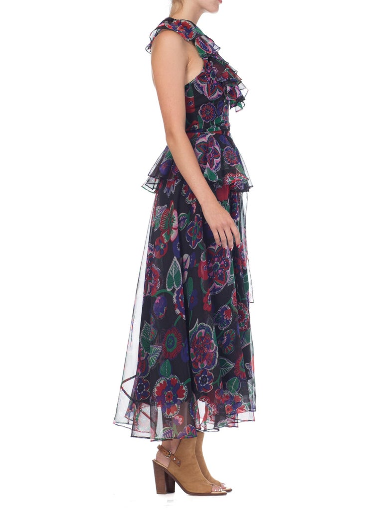 1970S ALBERT CAPRARO Floral Polyester Chiffon Skirt and Top Ensemble ...
