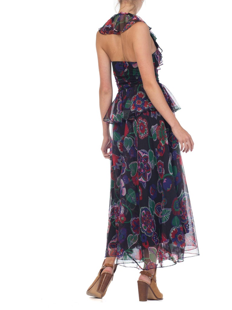 1970S ALBERT CAPRARO Floral Polyester Chiffon Skirt and Top Ensemble ...