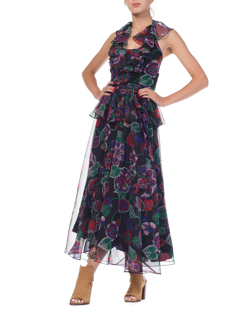 1970S ALBERT CAPRARO Floral Polyester Chiffon Skirt and Top Ensemble ...