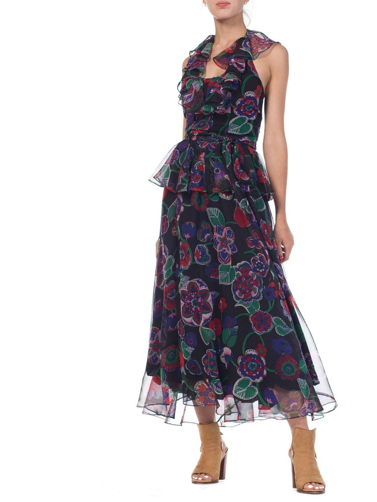 1970S ALBERT CAPRARO Floral Polyester Chiffon Skirt and Top Ensemble ...