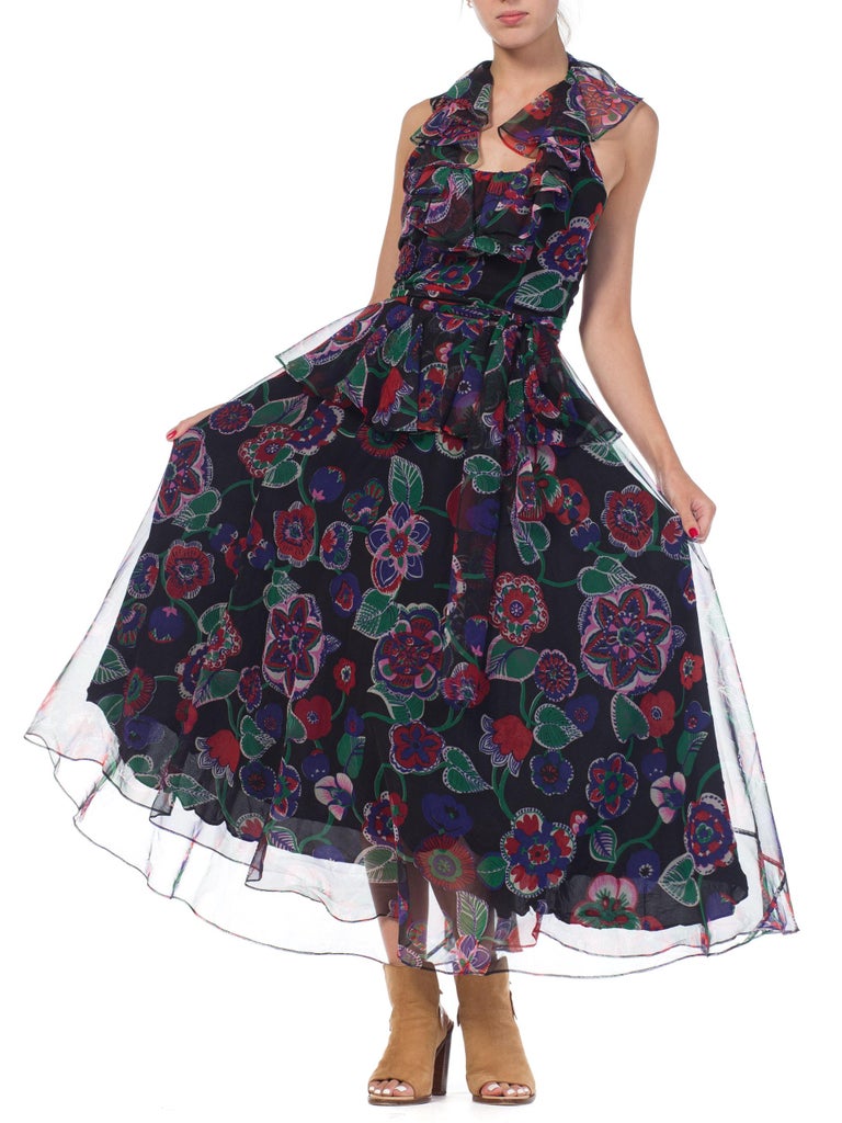 1970S ALBERT CAPRARO Floral Polyester Chiffon Skirt and Top Ensemble ...