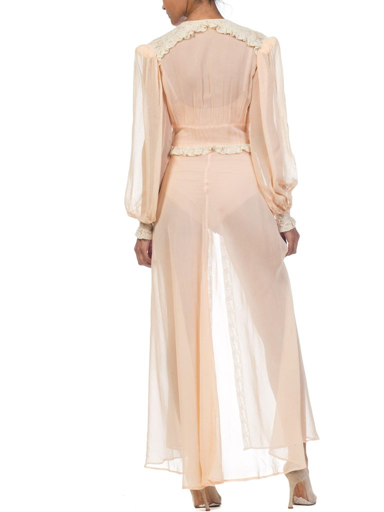 1940S Blush Pink Rayon Chiffon Sheer Peignoir Robe With Lace Ruffles ...