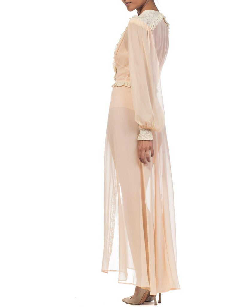 1940S Blush Pink Rayon Chiffon Sheer Peignoir Robe With Lace Ruffles ...